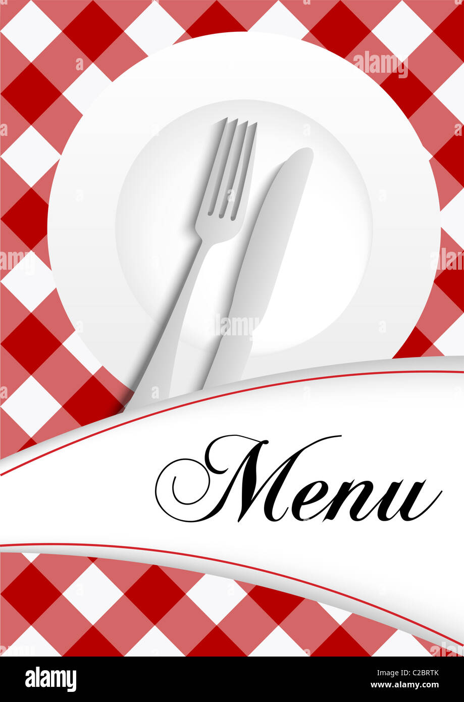 Menu Card Design - Red Gingham Texture With Plate, Cutlery and Menu ...