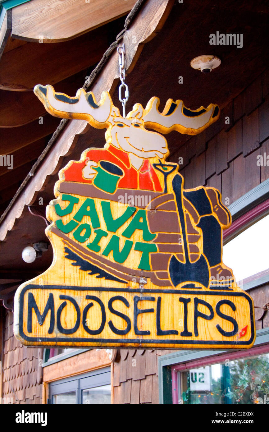 Sign above the entrance to the Mooselips Java Joint in Seeley on highway 63 10 miles from ...
