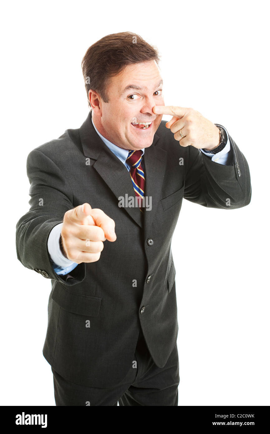 Businessman points to you and touches his nose - the symbol for "you're ...