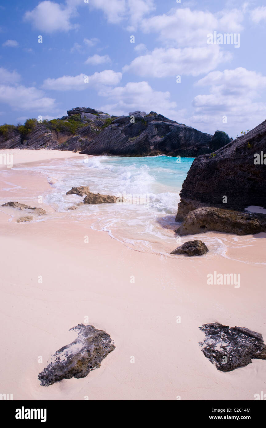 Pink sand beach and rocky outcroppings, South Coast, Warwick Parish ...