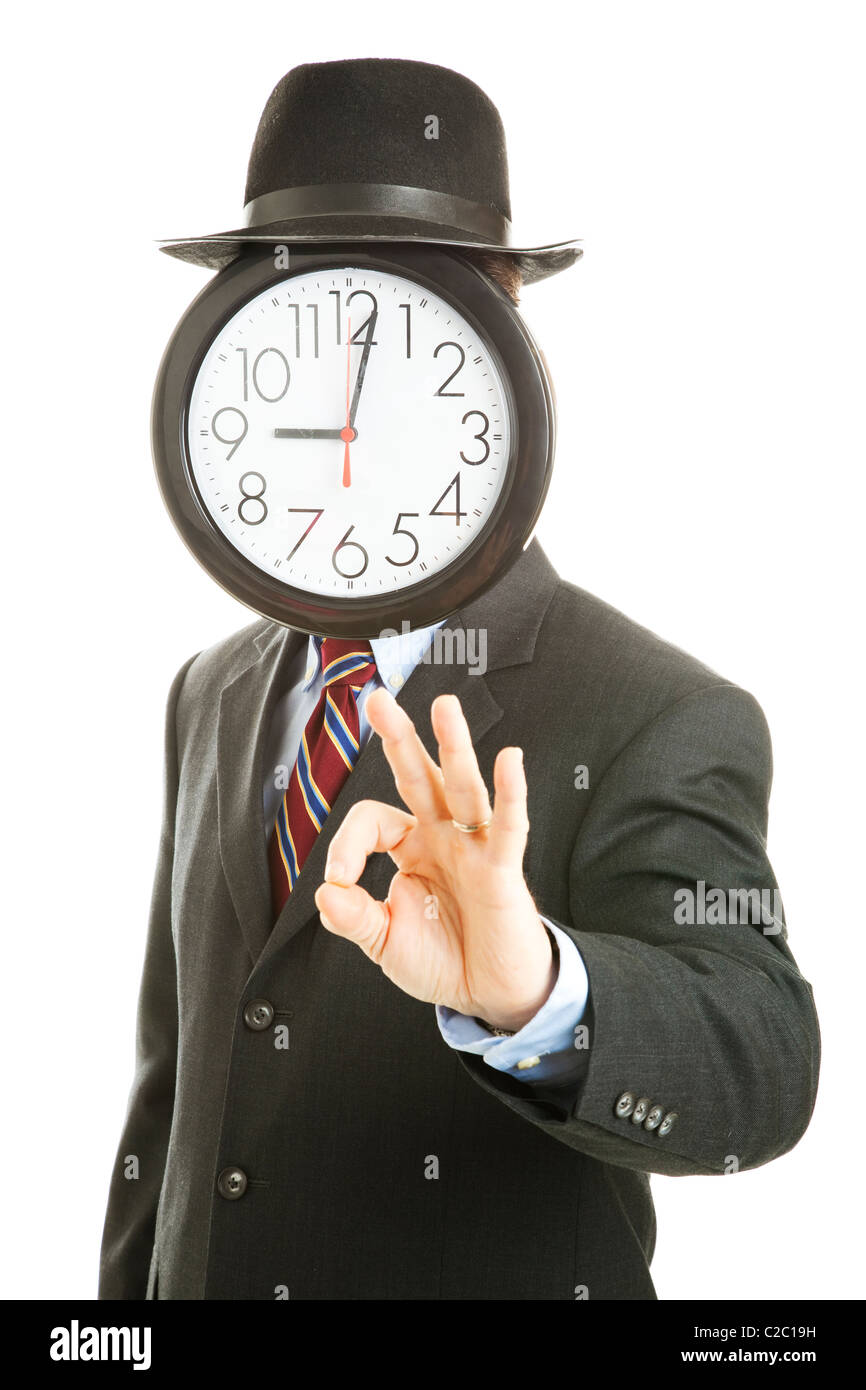 Faceless businessman with a clock for a face, giving the Okay sign ...