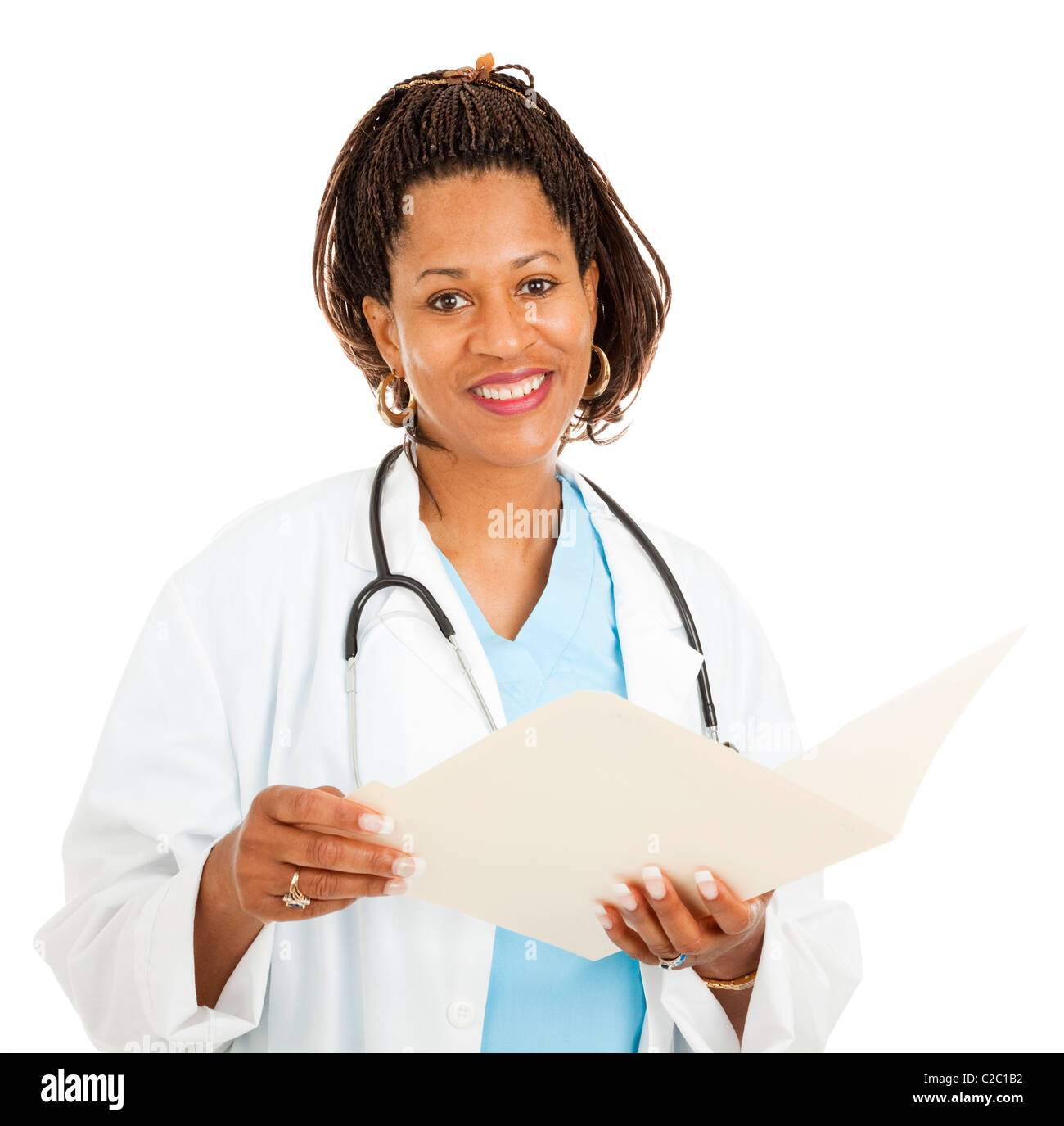 Beautiful african-american female doctor reading a patient's medical ...