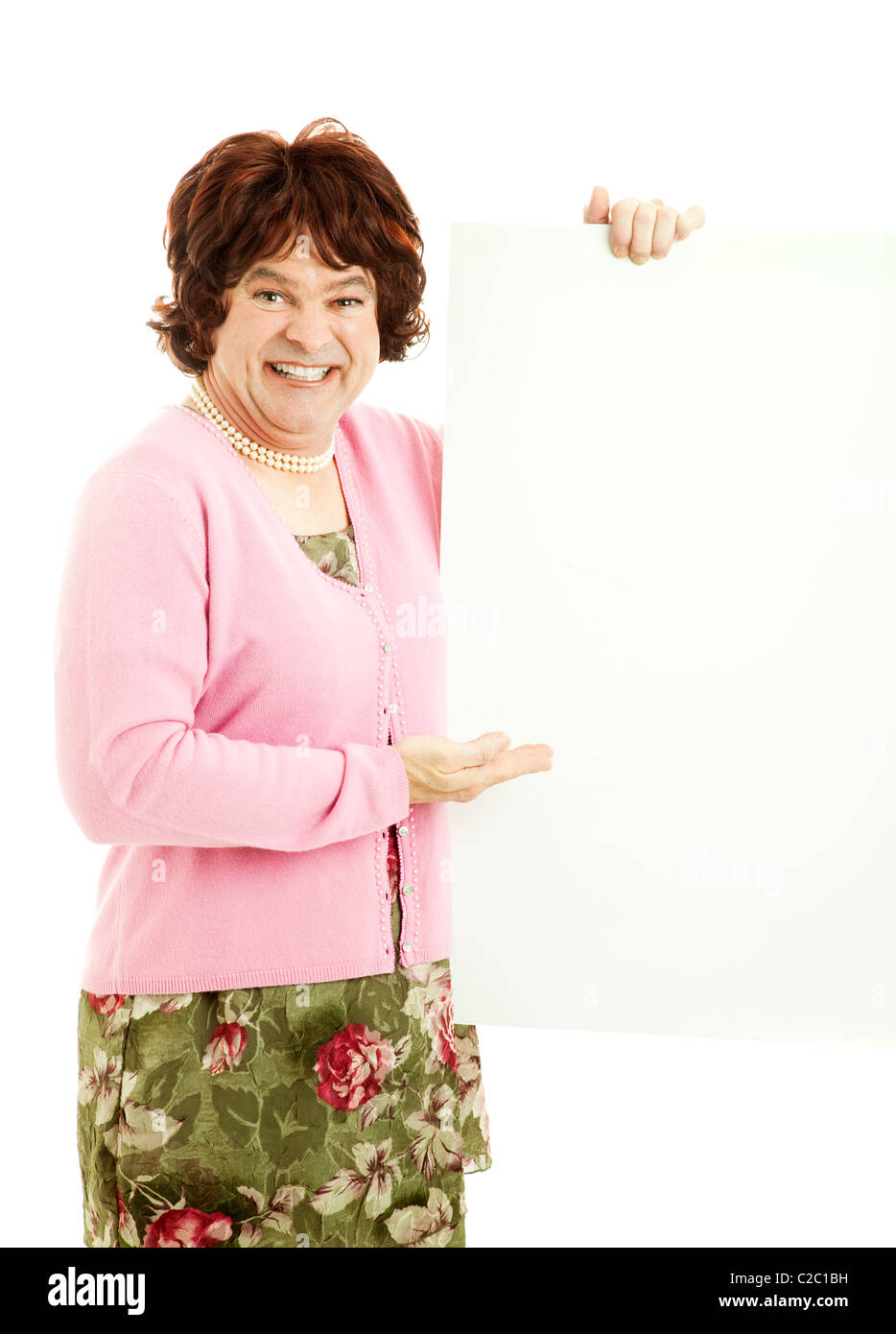 Female impersonator, cross-dresser, with a black white sign, ready for ...