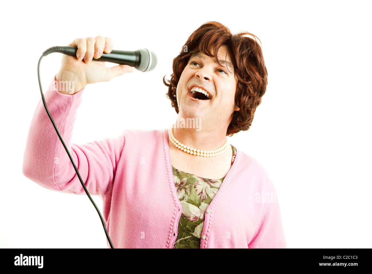 Funny photo of a man dressed as a frumpy female singer. Isolated on ...