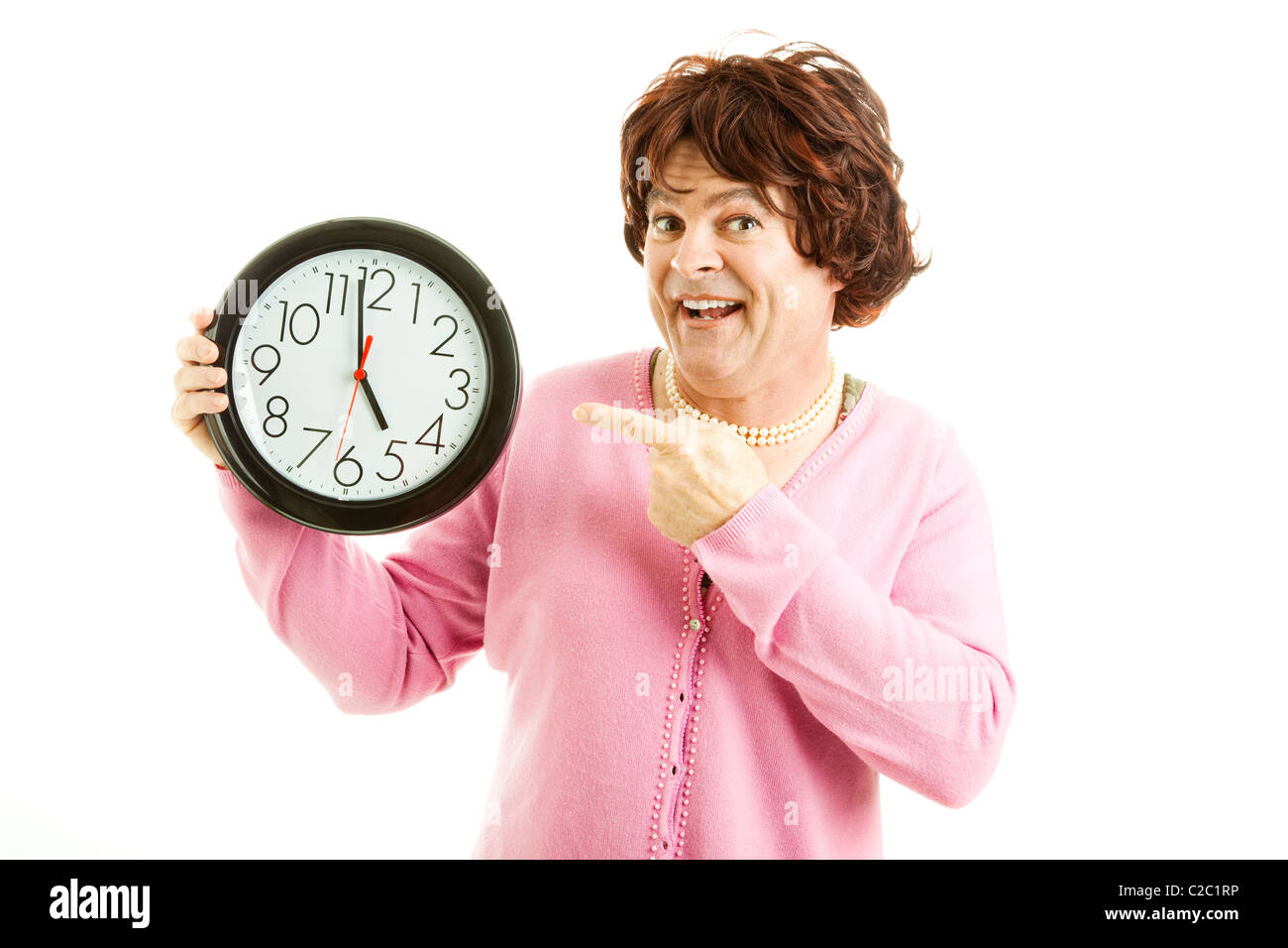 Cross dresser pointing to a clock that reads almost five o'clock ...