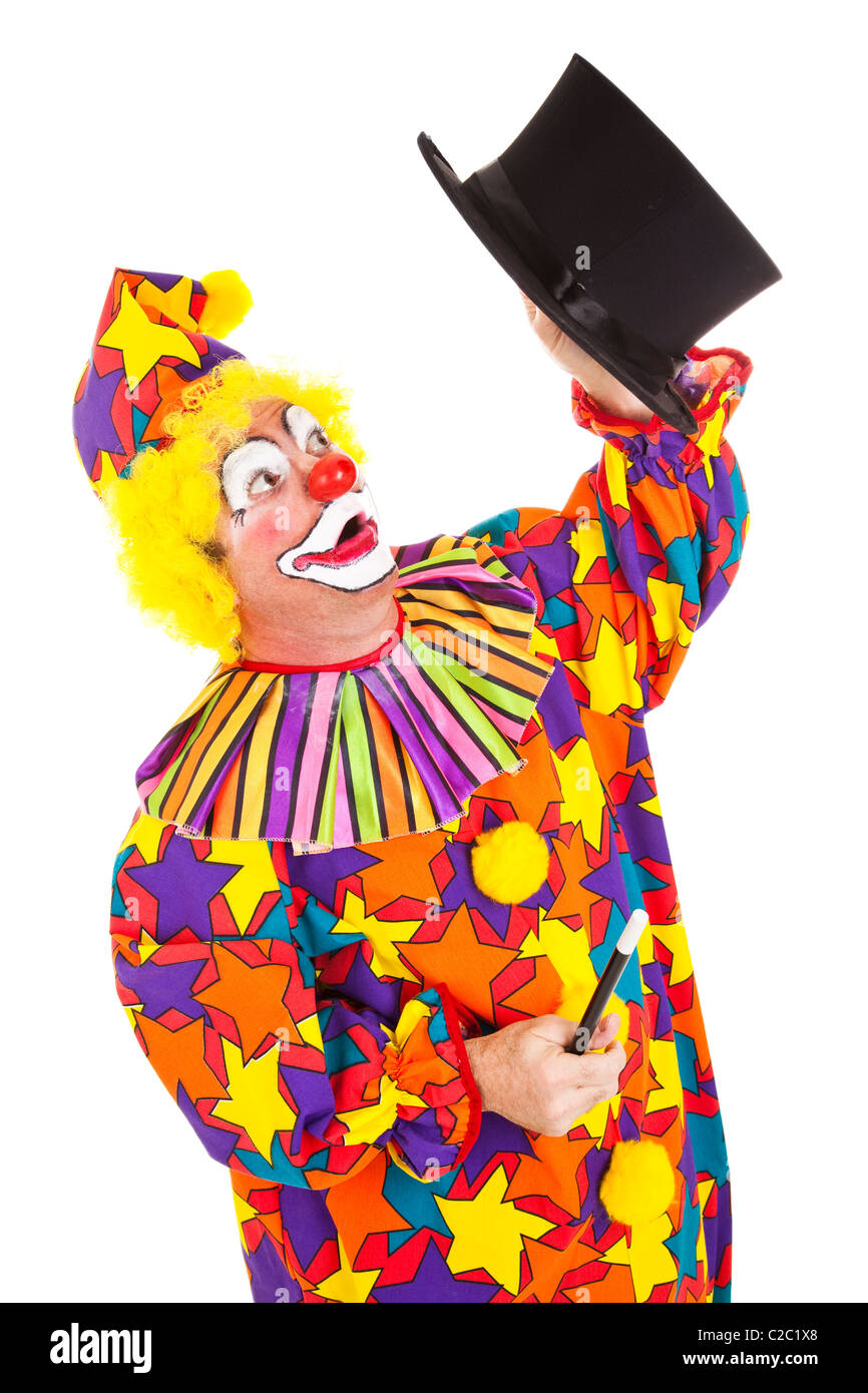 Confused clown looking for the rabbit he lost in a magic top hat ...