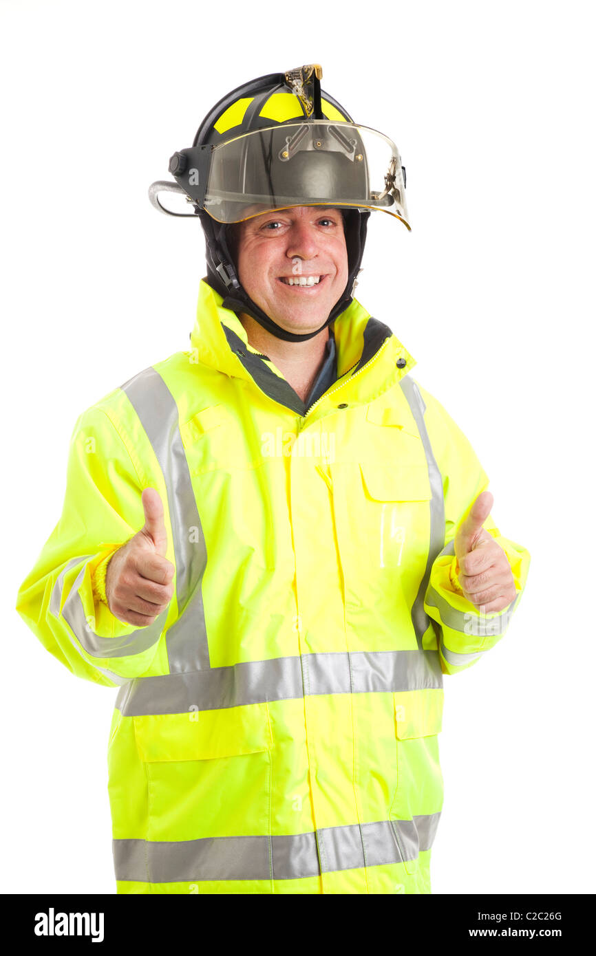Happy, smiling firefighter giving two thumbs up. Isolated on white ...