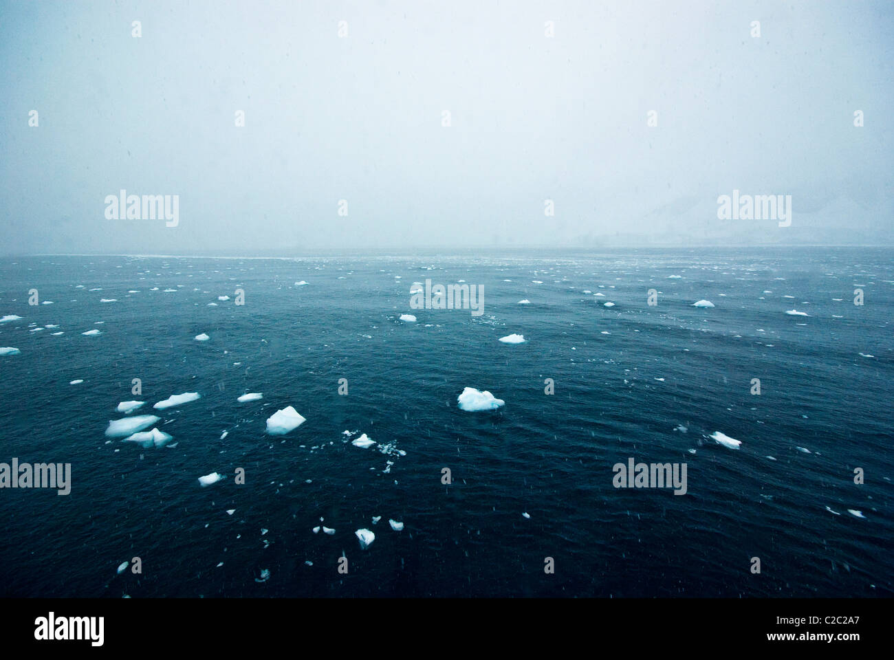 Icebergs float on a dark sea in a snowy blizzard beneath a grey sky ...