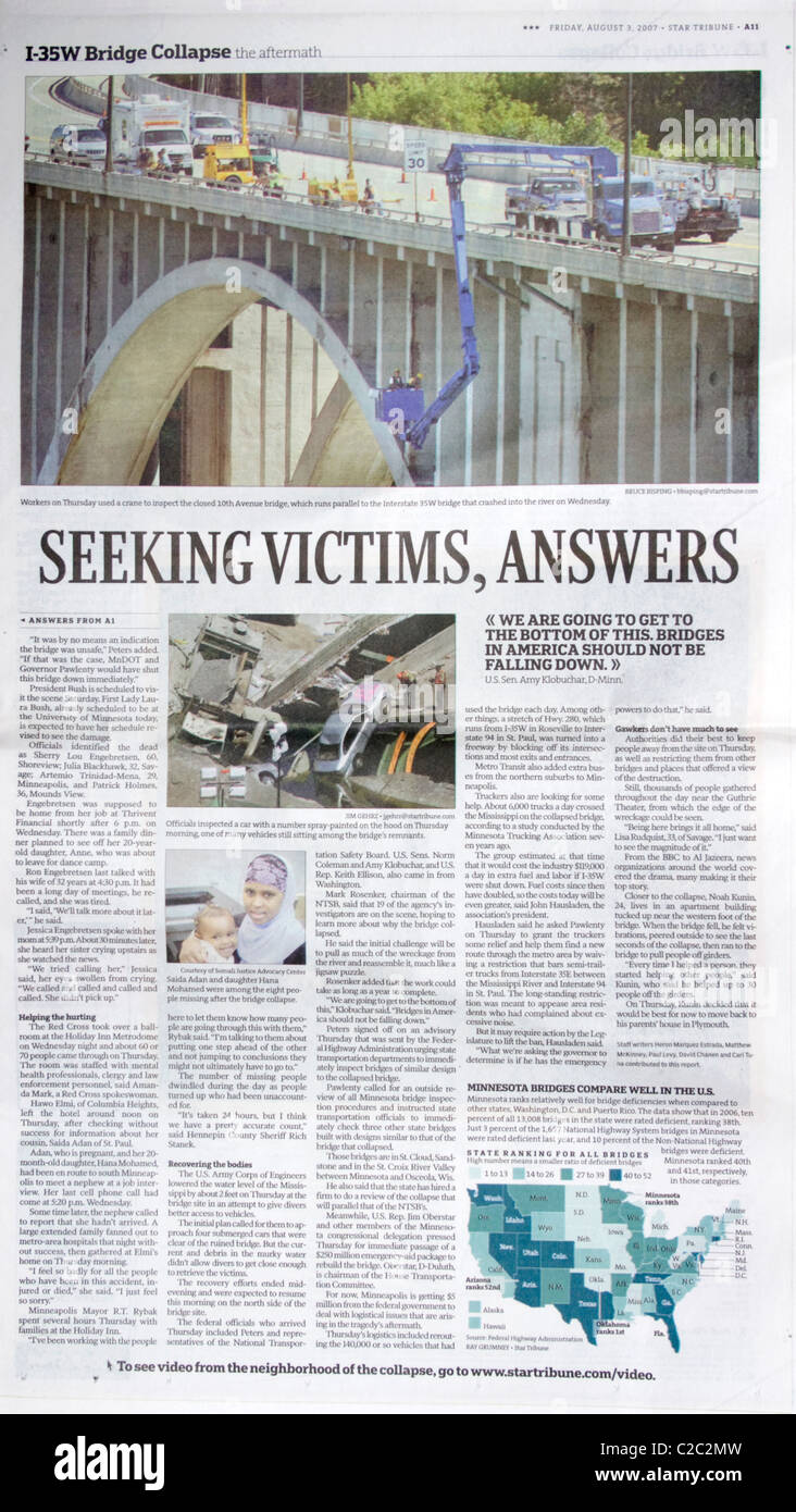 StarTribune front page Minneapolis Highway 35W bridge collapse on ...