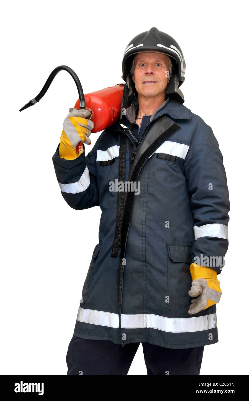 Fireman in uniform isolated in white Stock Photo - Alamy