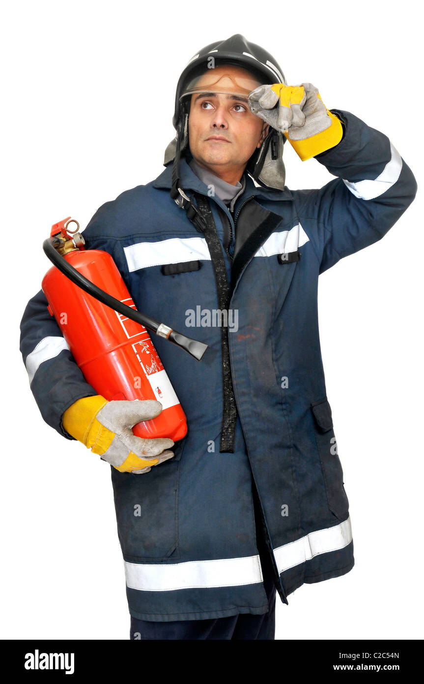 Fireman in uniform isolated in white Stock Photo - Alamy