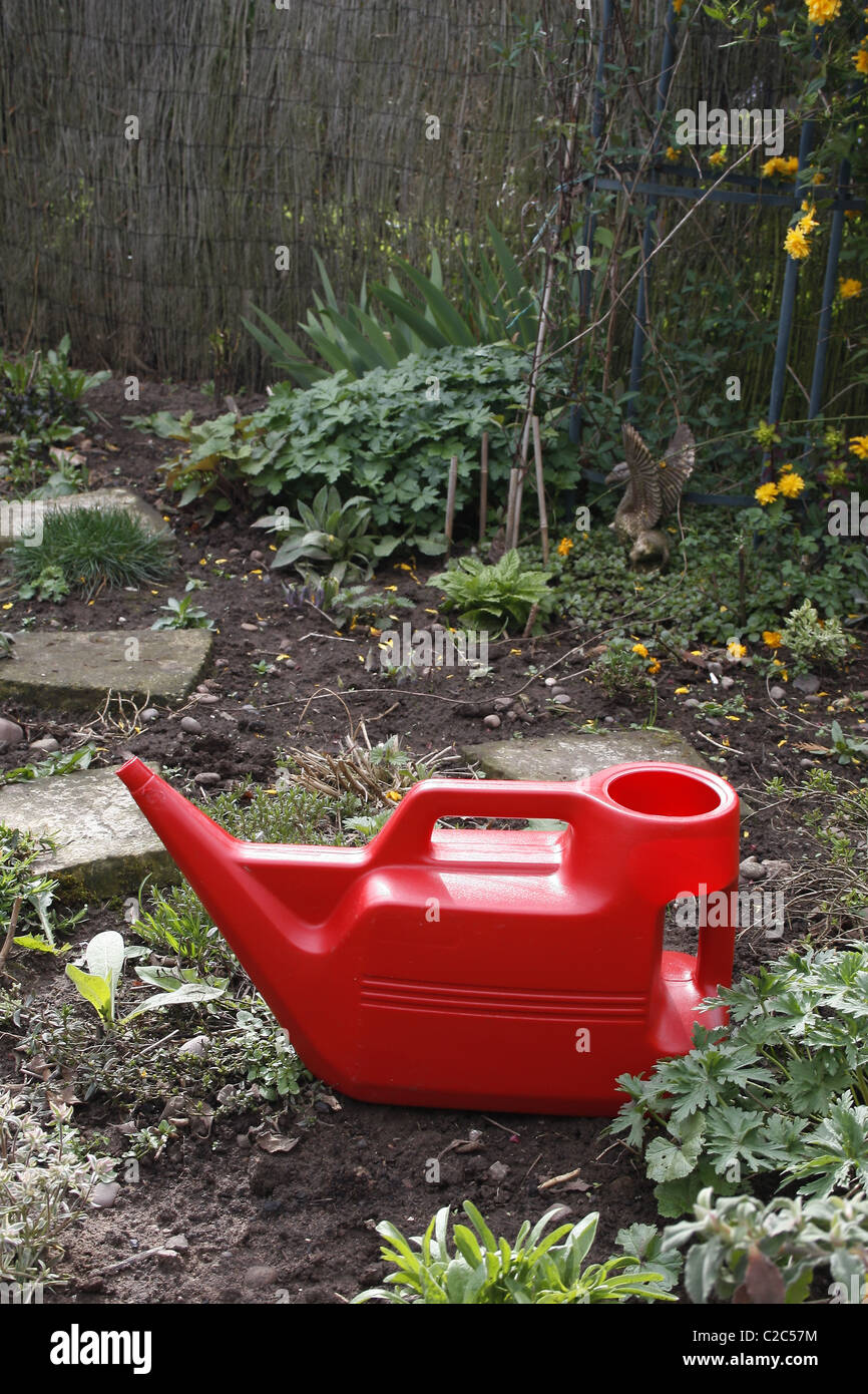 red watering can in garden Stock Photo - Alamy