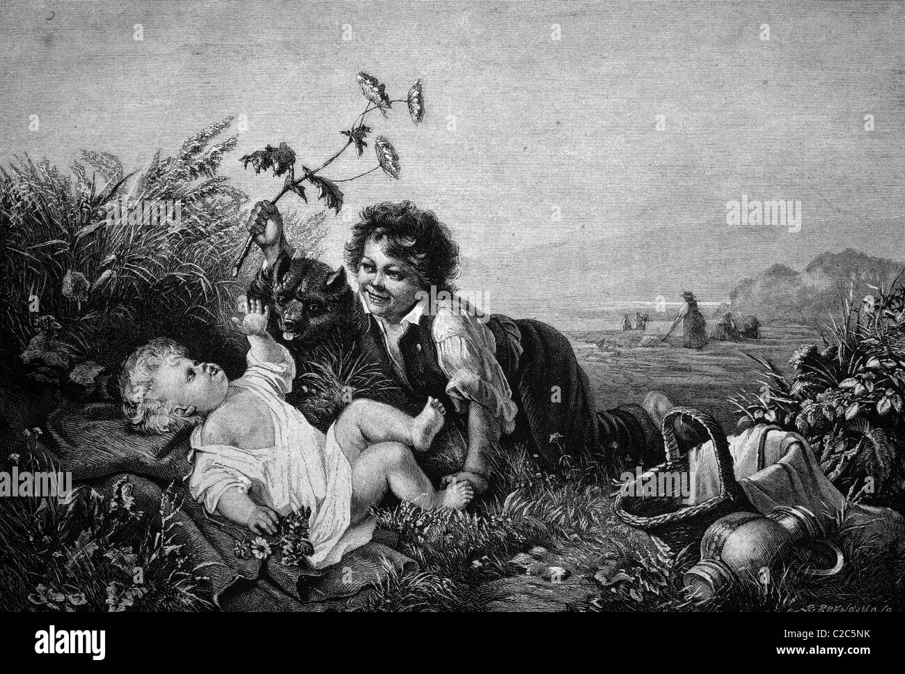 Children in the spring, historical illustration, circa 1886 Stock Photo ...