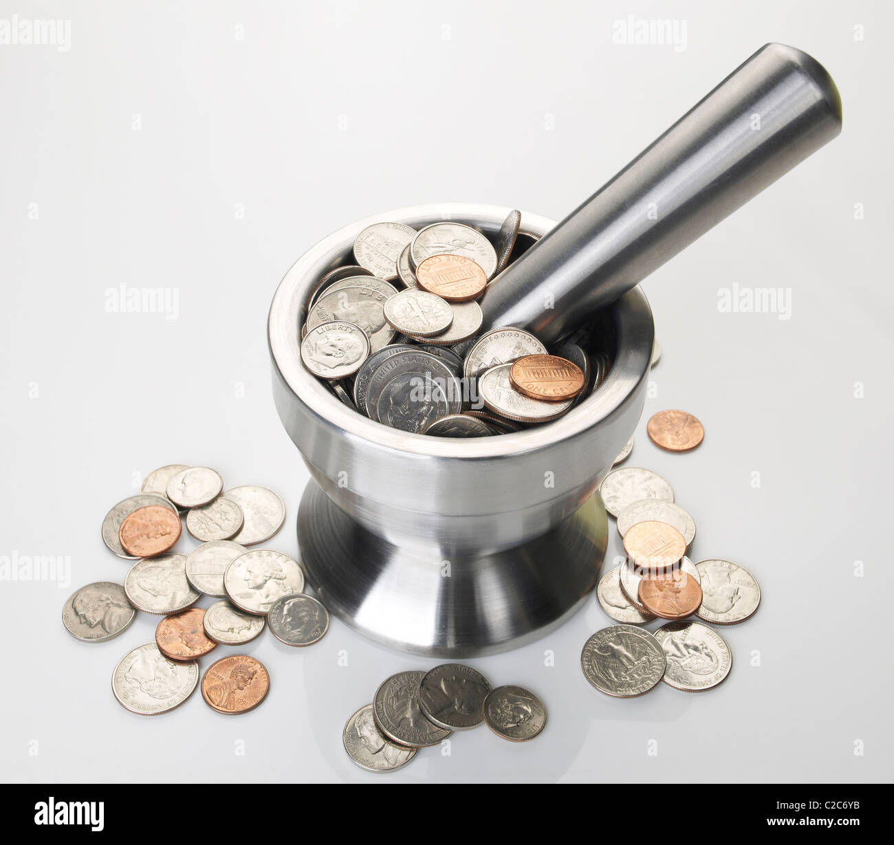 stainless steel mortar and pestle with pills Stock Photo - Alamy
