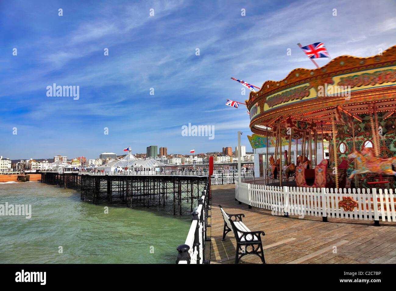 Summer spinning fairground carousel Victorian Palace Pier Brighton City ...