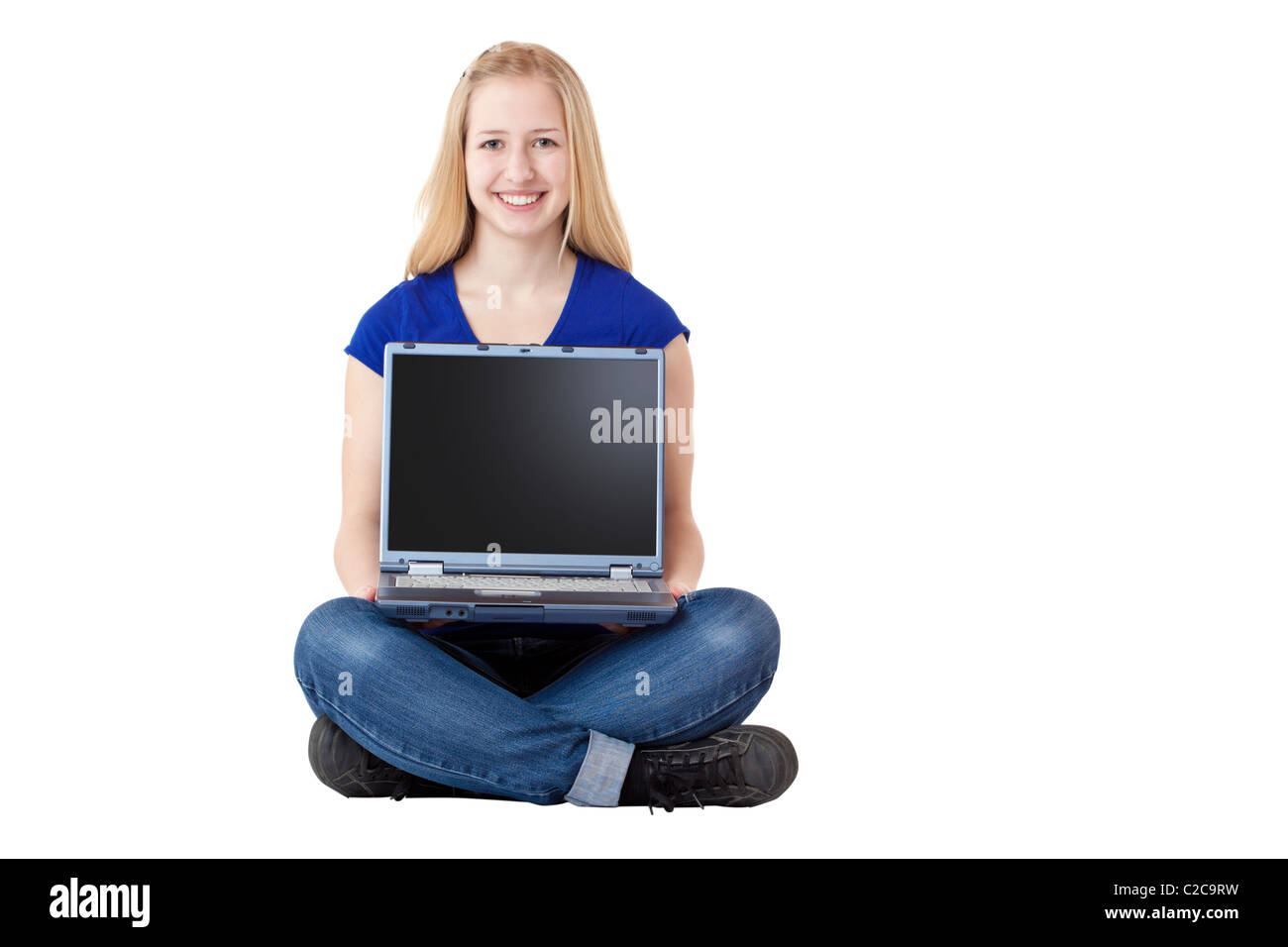 Young, attractive woman holding computer laptops with advertisement ...