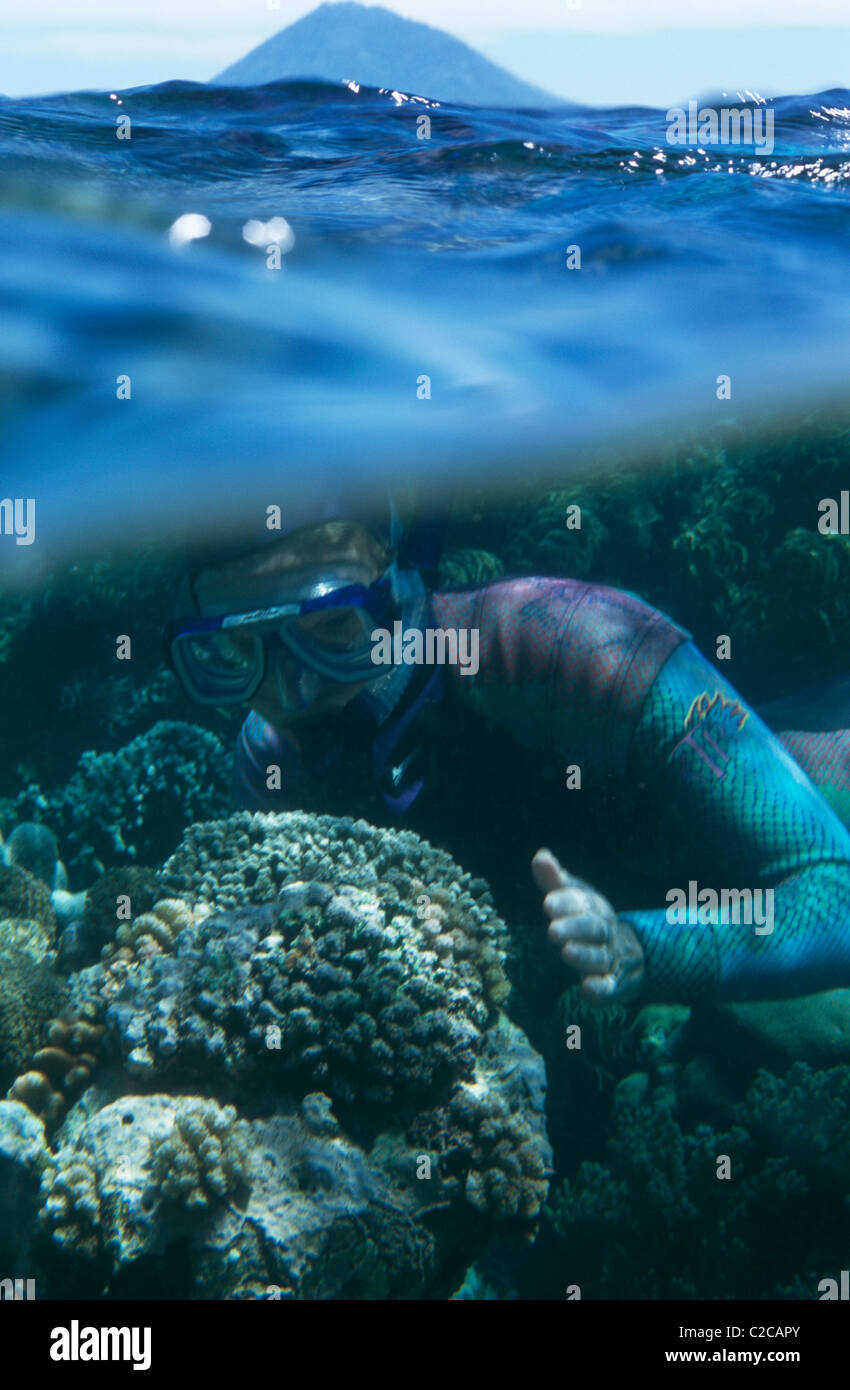 Woman snorkelling near hard coral with Manado Tua volcano in background ...