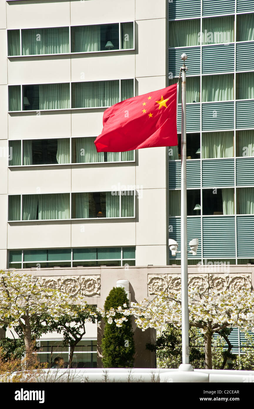 A China national flag in front of Sheraton hotel in downtown Seattle ...