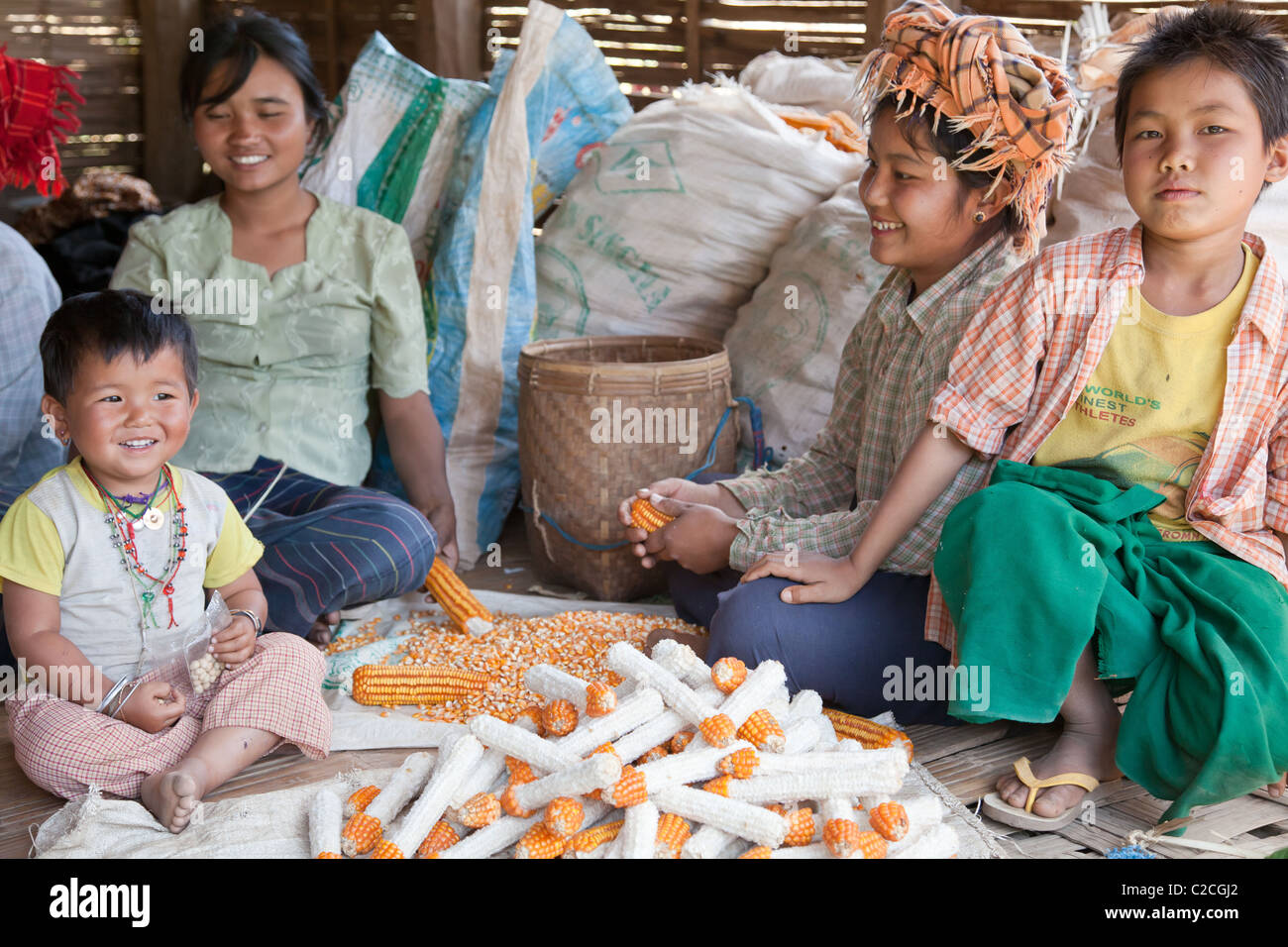 Pa-O tribal woman and kids in native costume are sitting around corn ...