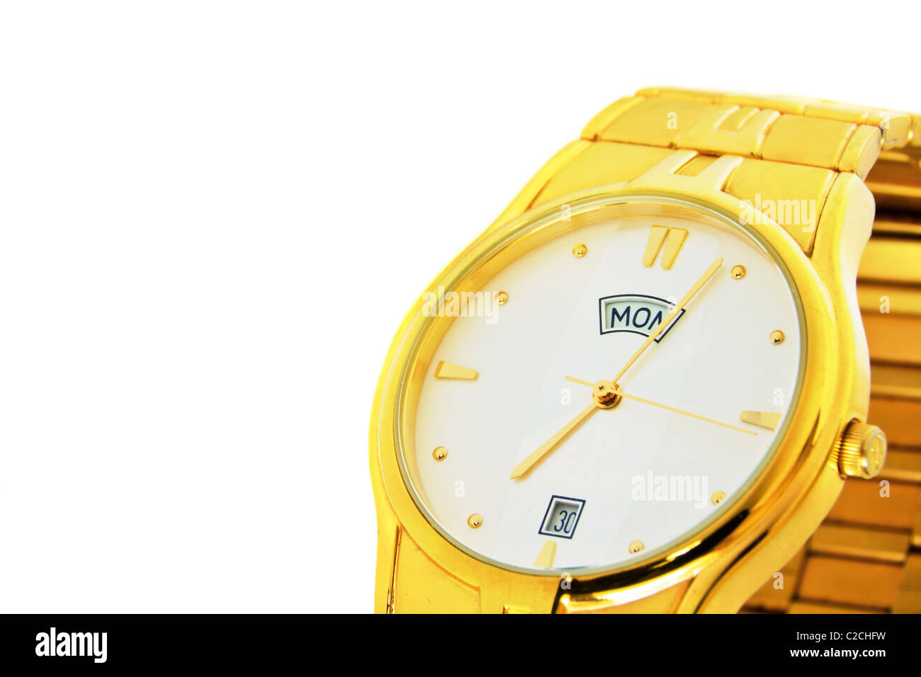 An elegant stylish golden mens wrist watch isolated on a white ...