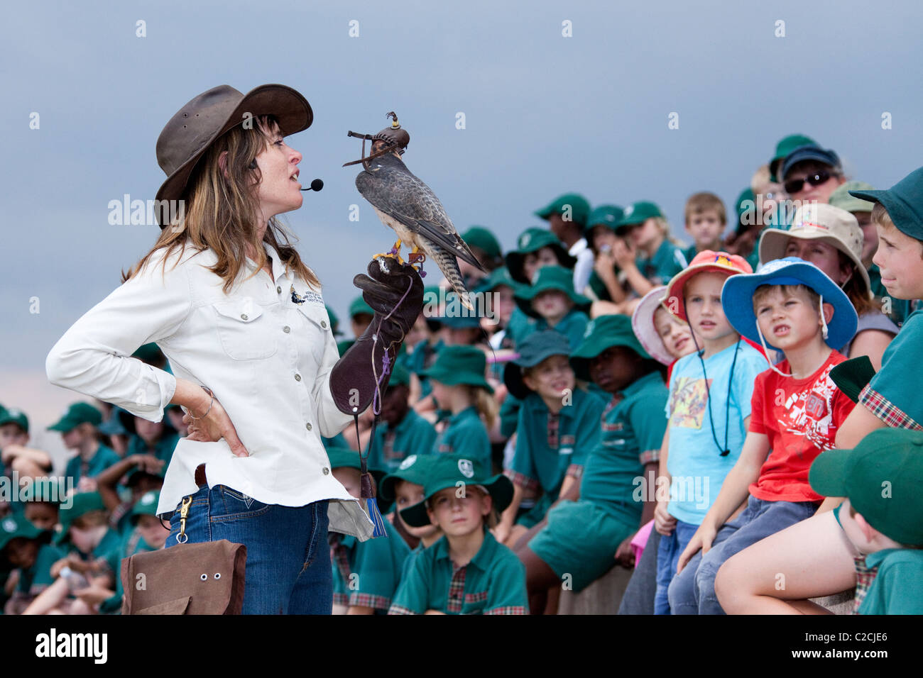 Shannon Hoffman in front of a school class during her flight display ...