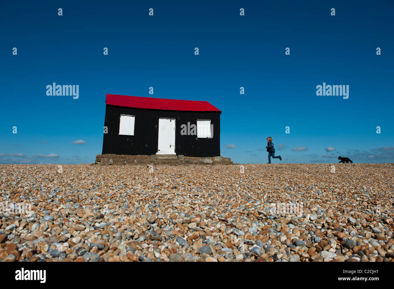A young boy with his dog by Norton’s Hut built on the shingle beach ...