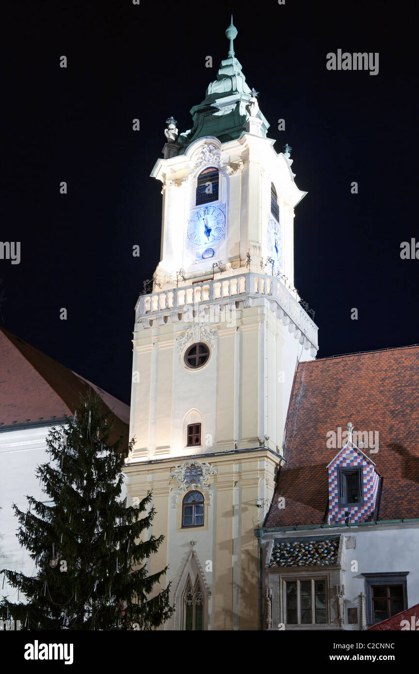 Bratislava town hall tower at night, Slovakia Stock Photo - Alamy