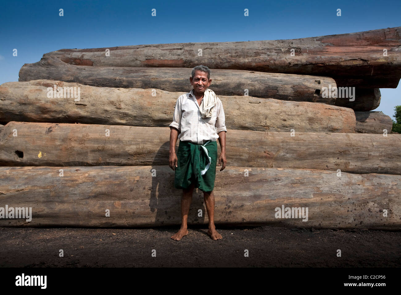 India man standing in front of logs at a timber yard, Fort Kochi ...
