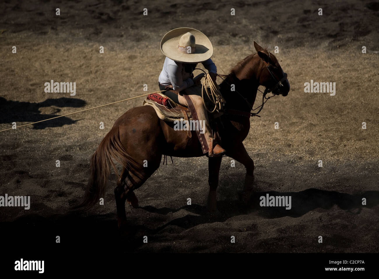 A Mexican Charro holds his lasso during a charreria exhibition in ...