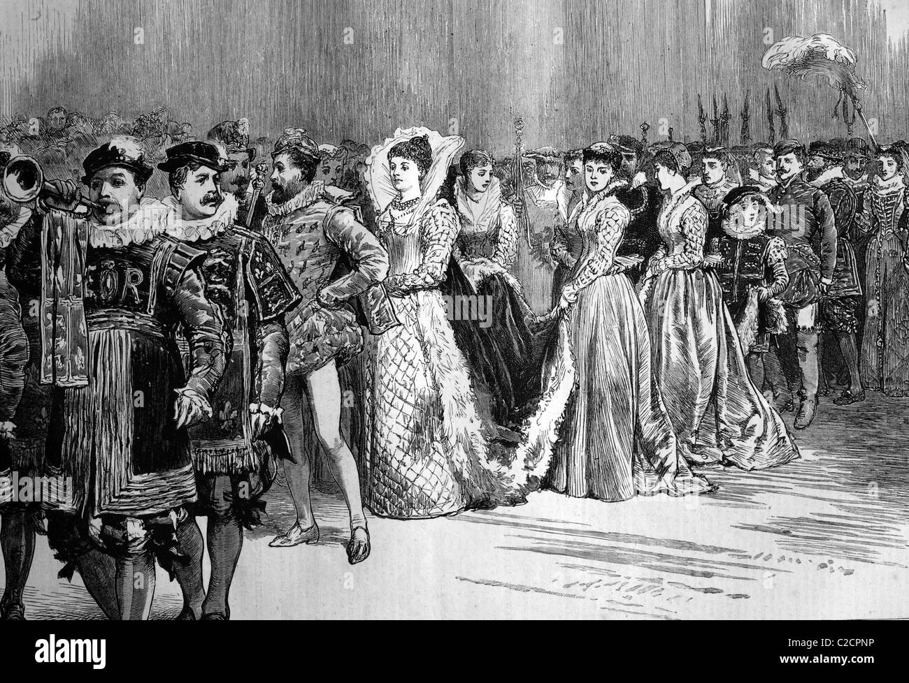 Procession of queen elizabeth and her courtiers Black and White Stock ...