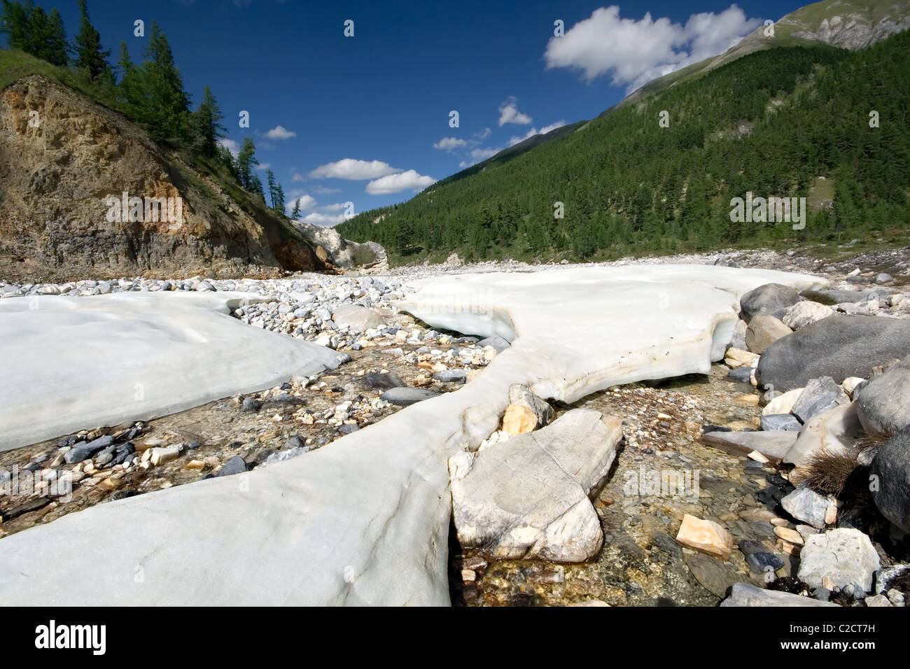 Siberia landscape with rocks, water and glacier (ice). Tranquil taiga ...