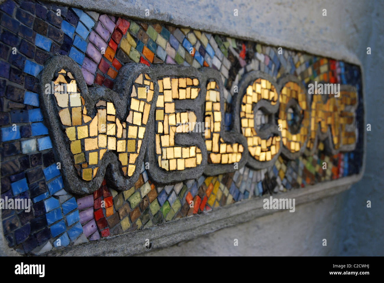 Mosaic welcome sign at Gwennap Pit, Conwall Stock Photo - Alamy