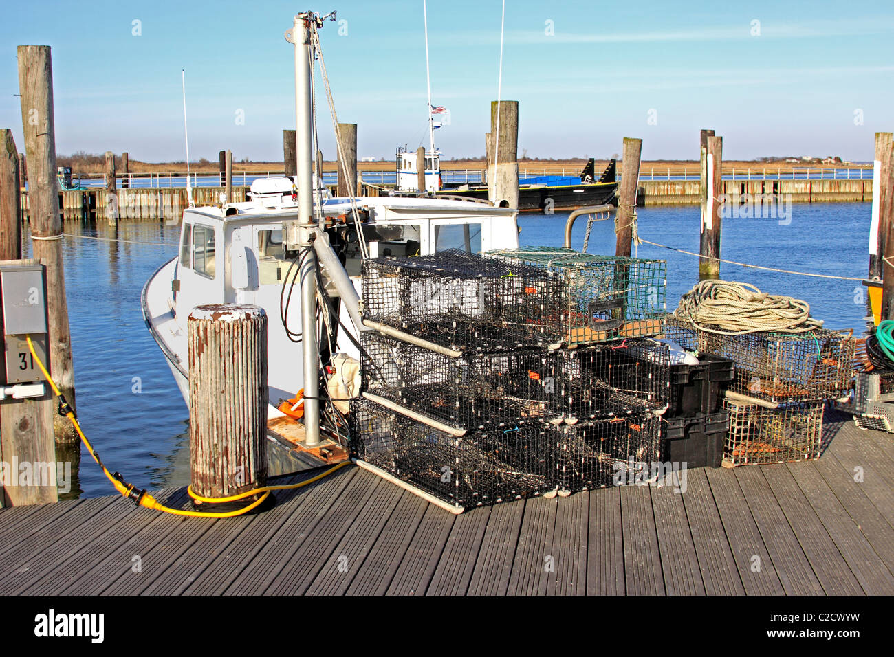 Lobster traps on dock, Captree boat basin, Long Island, NY Stock Photo ...