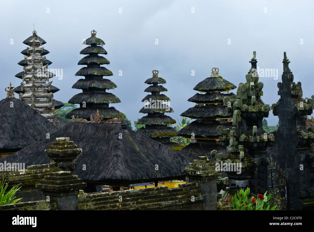 Meru towers and carved stone gate, Besakih Temple, Bali, Indonesia ...