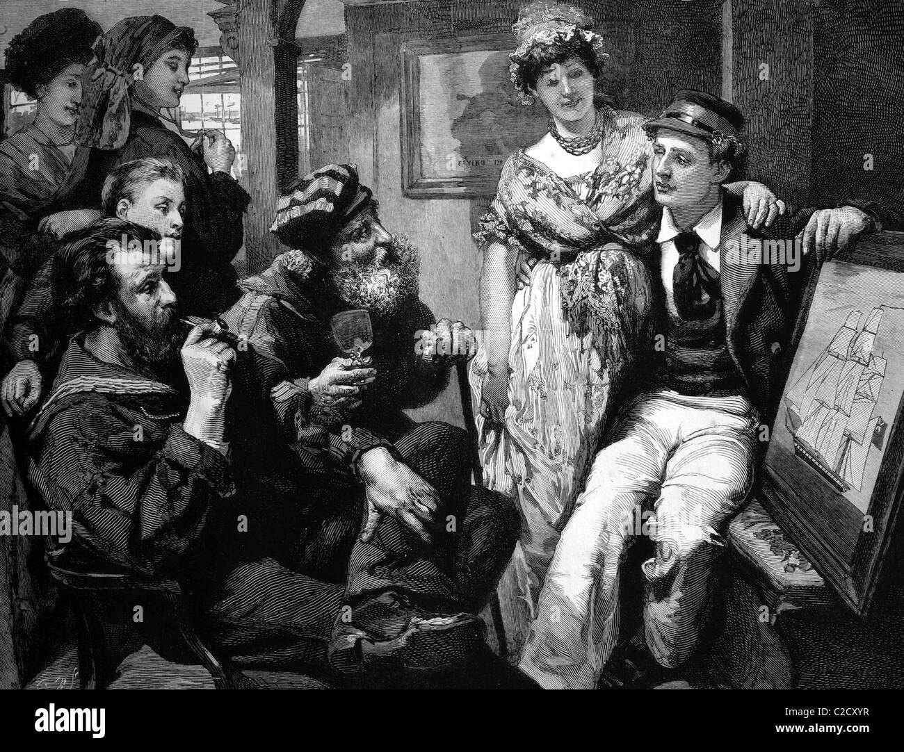 Man presenting to his friends a picture of his ship, historical ...
