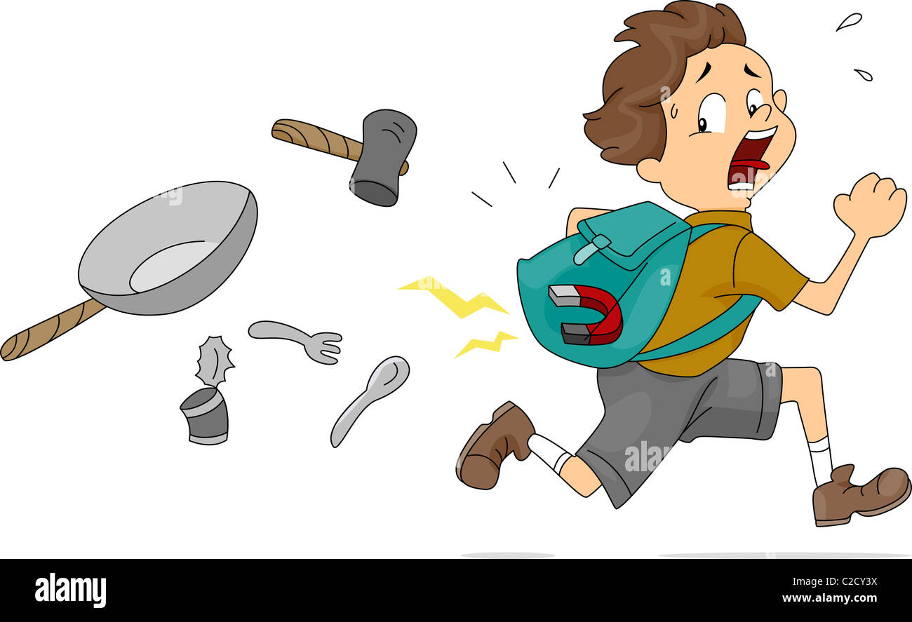 Illustration of Boy With a Magnet Inside His Bag Stock Photo - Alamy