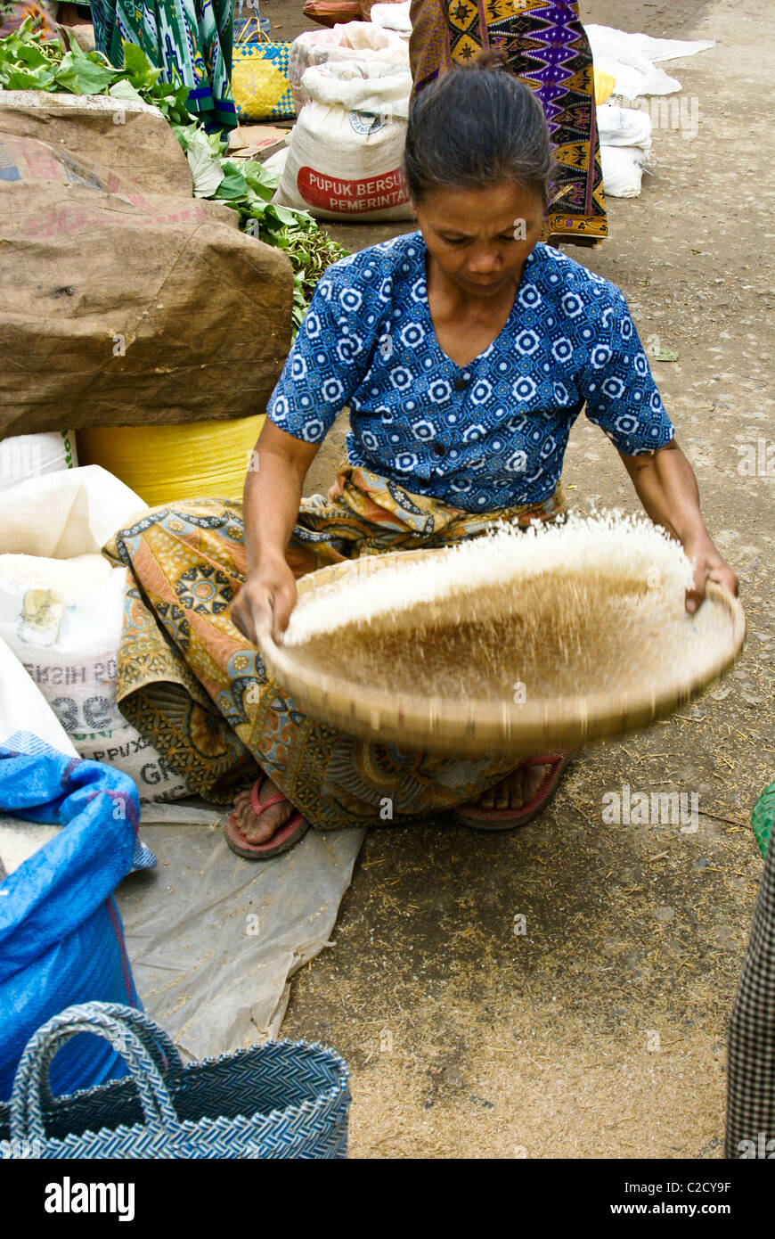 Woman cleaning rice at market, Tana Toraja, South Sulawesi, Indonesia ...