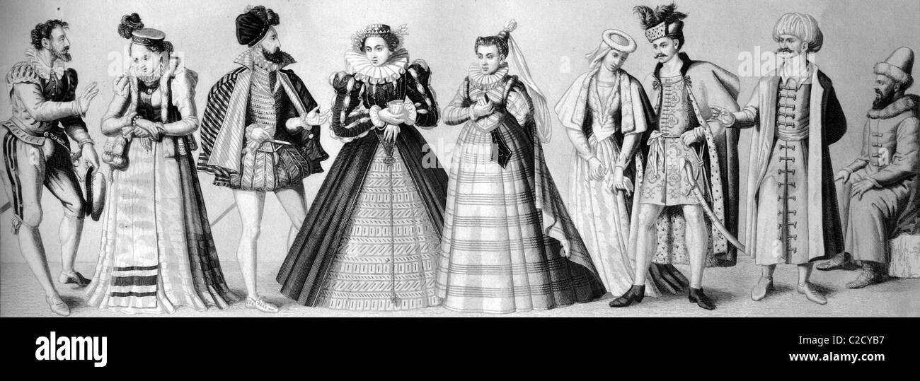 Cultural history, from left: two German burghers from 1570, Spanish men ...