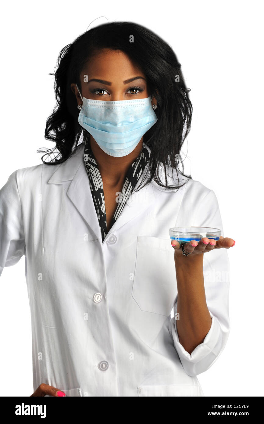 African American woman with mask holding petri dish isolated over white ...
