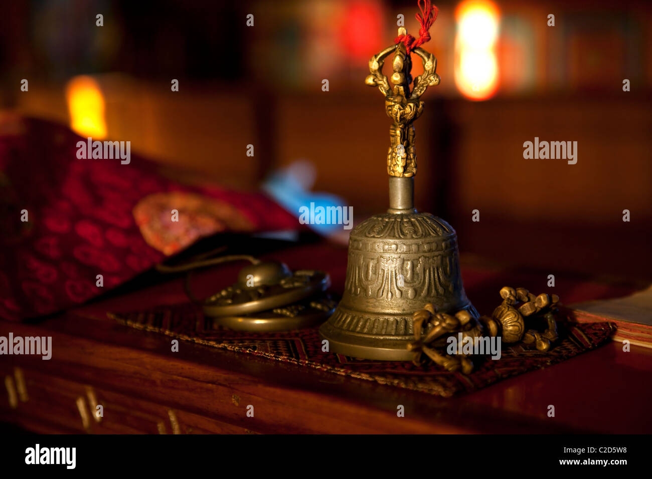 [Still life] Buddhist bell, ring and mantra used during ceremony by ...