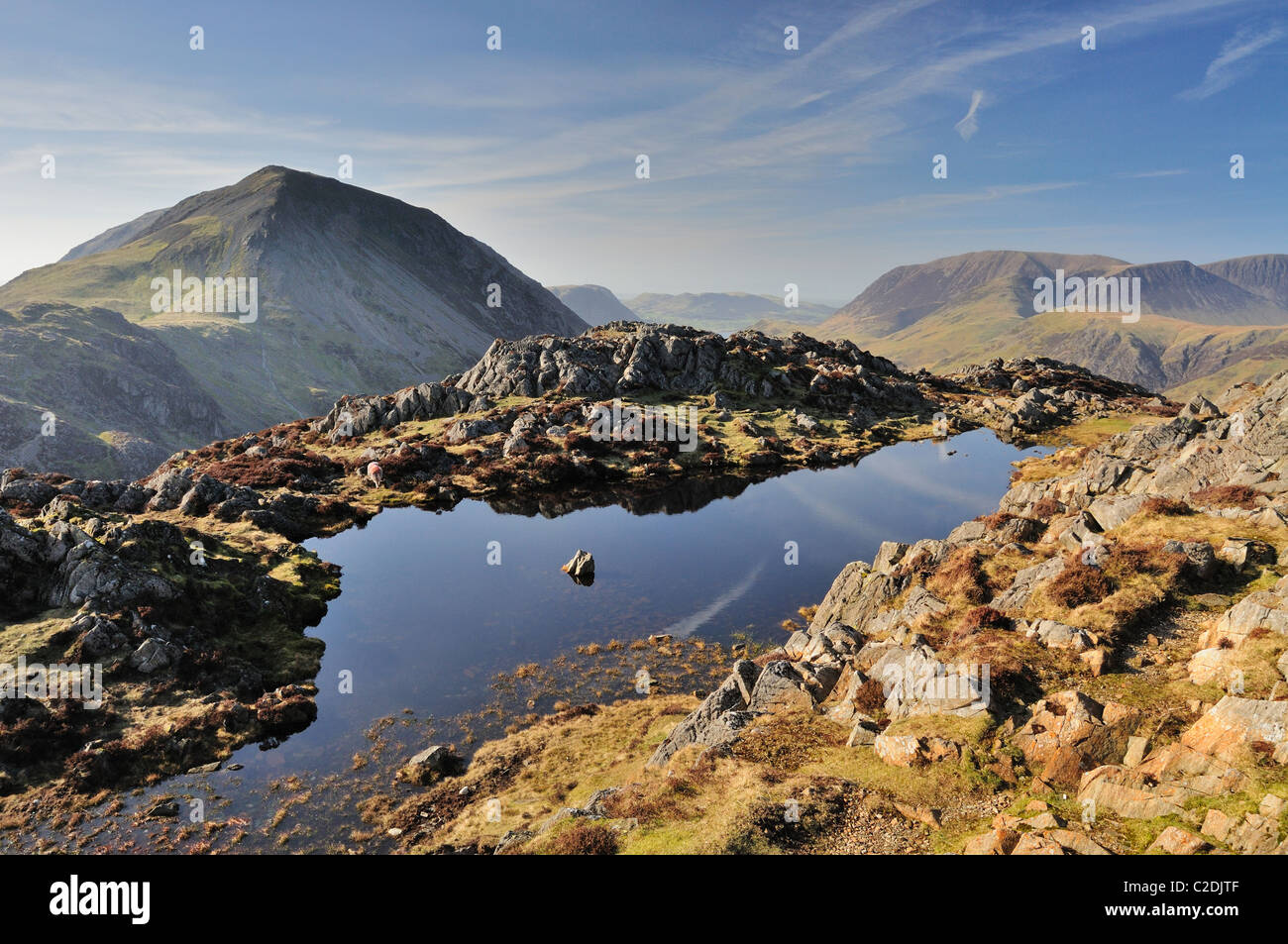 Tarn on the summit of Haystacks in the English Lake District, with High ...