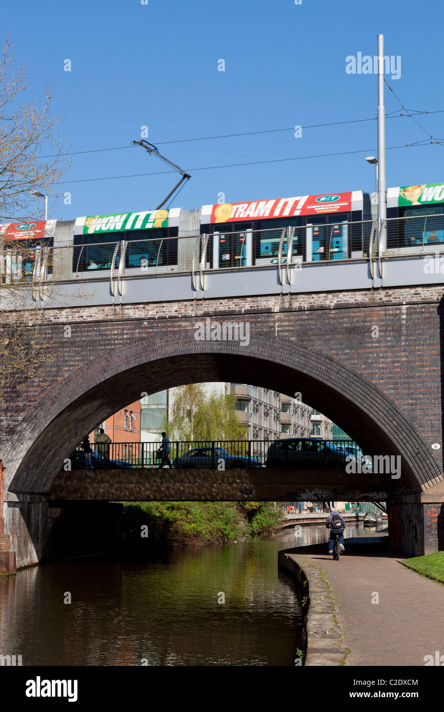 Nottingham NET tram crossing a bridge over the canal and towpath ...