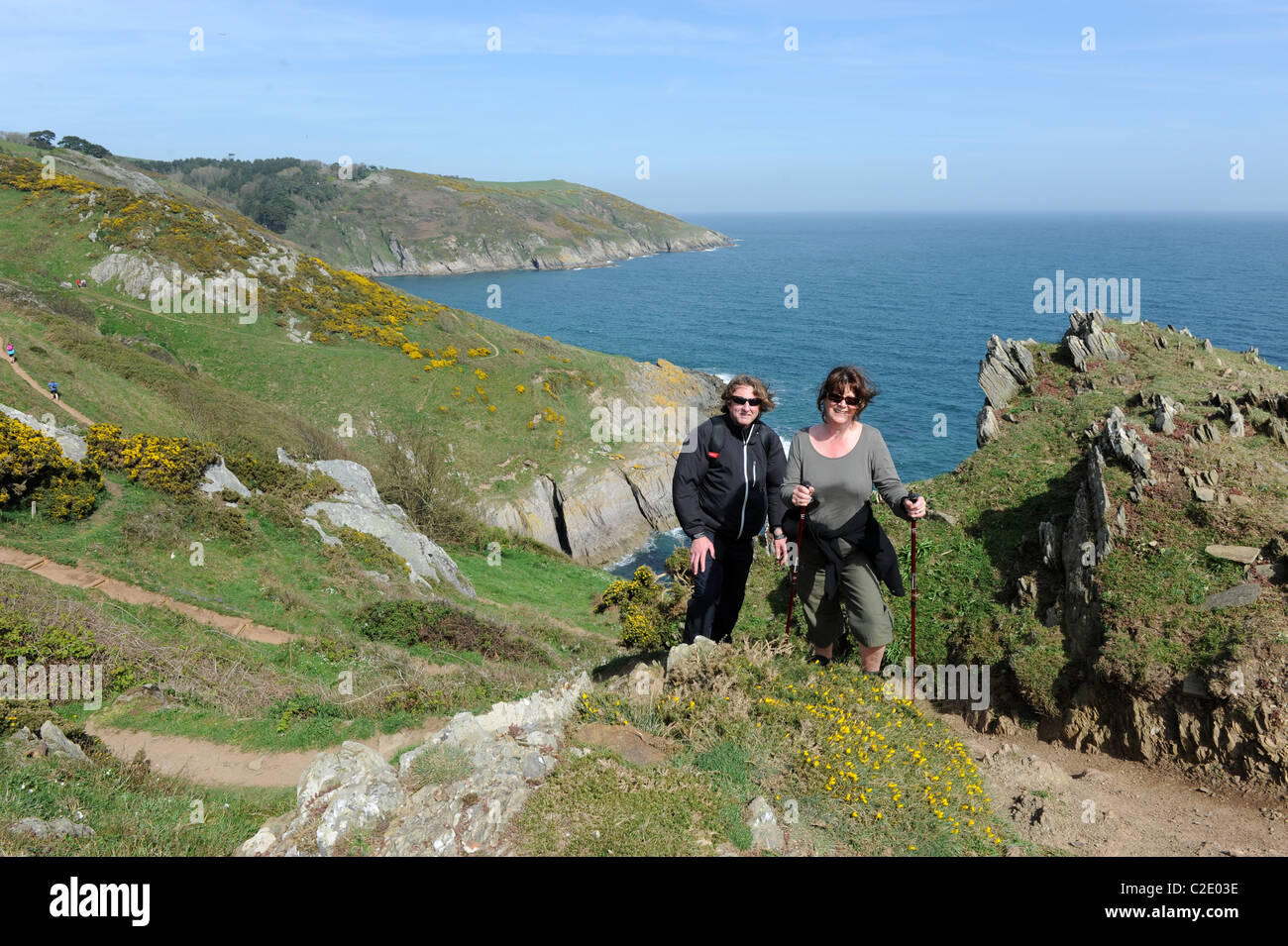 Couple walking the coastal path between Coleton Fishacre and Kingswear ...