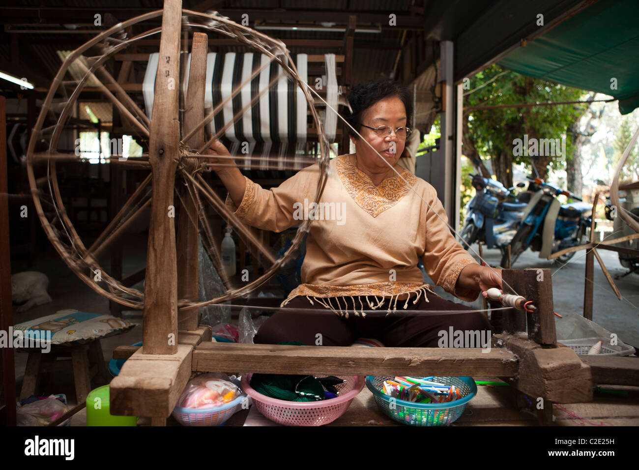 Traditional way to weaving cotton fabric, Lampang Thailand Stock Photo ...