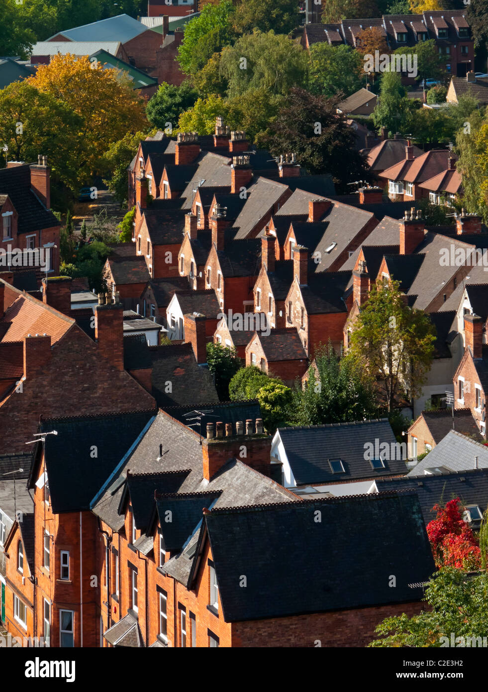 View looking down on terraced red brick houses in Nottingham city ...