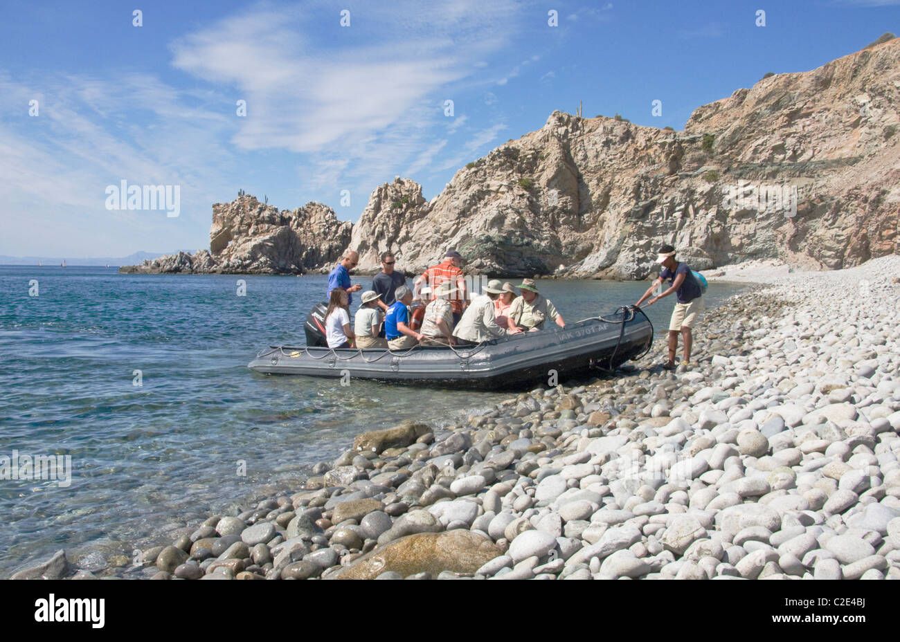 Safari Quest skiff and passengers at Punta Colorado, Sea of Cortez ...