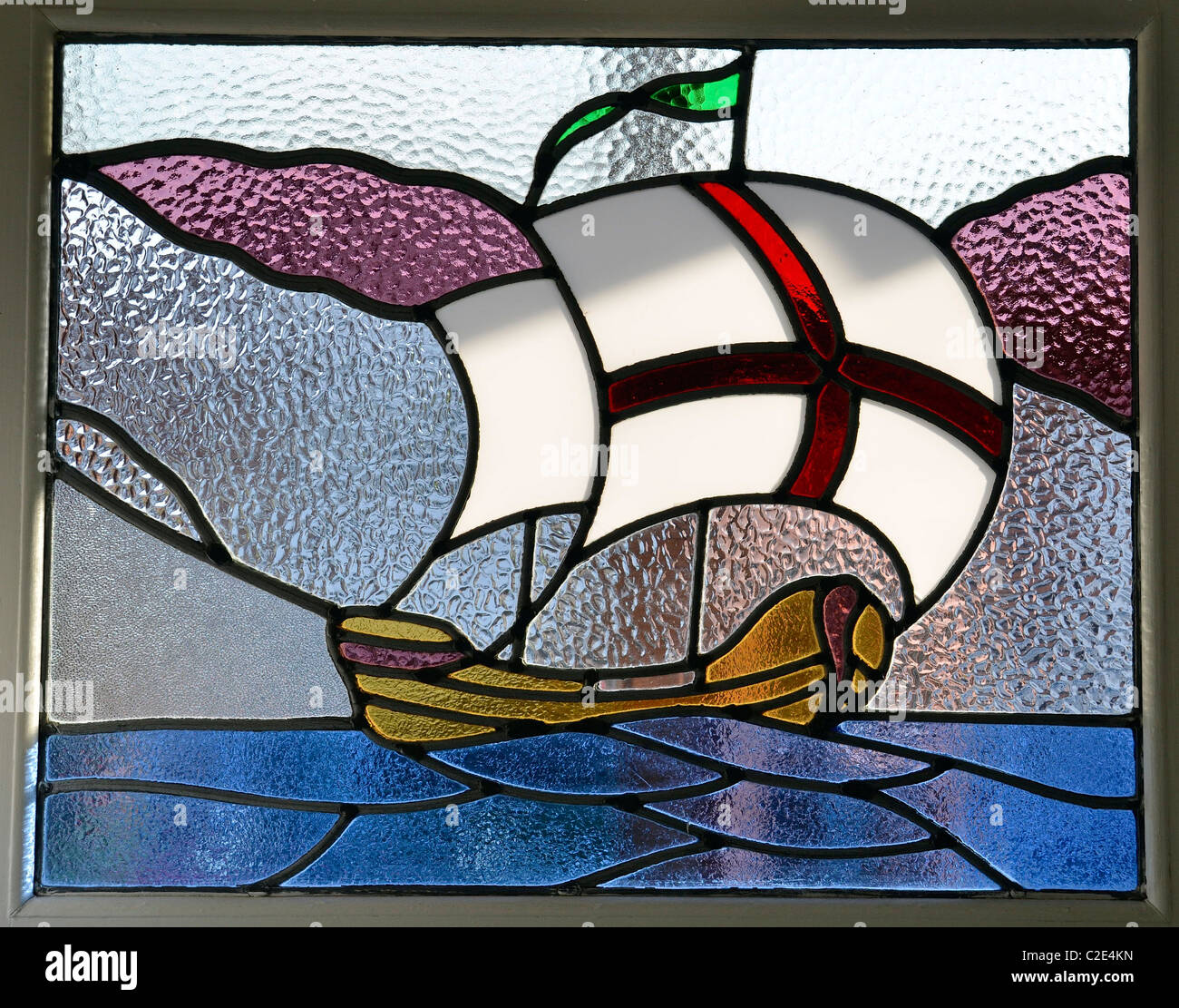 stained glass window 1930s period boat under sail Stock Photo - Alamy