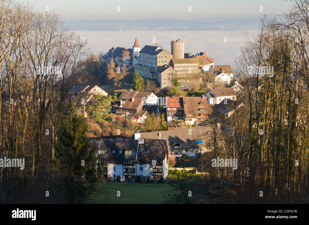 medieval town Regensberg situated on a hill with castle building framed ...