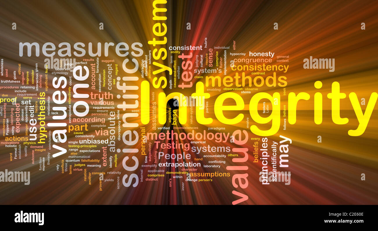 Background concept wordcloud illustration of integrity glowing light ...