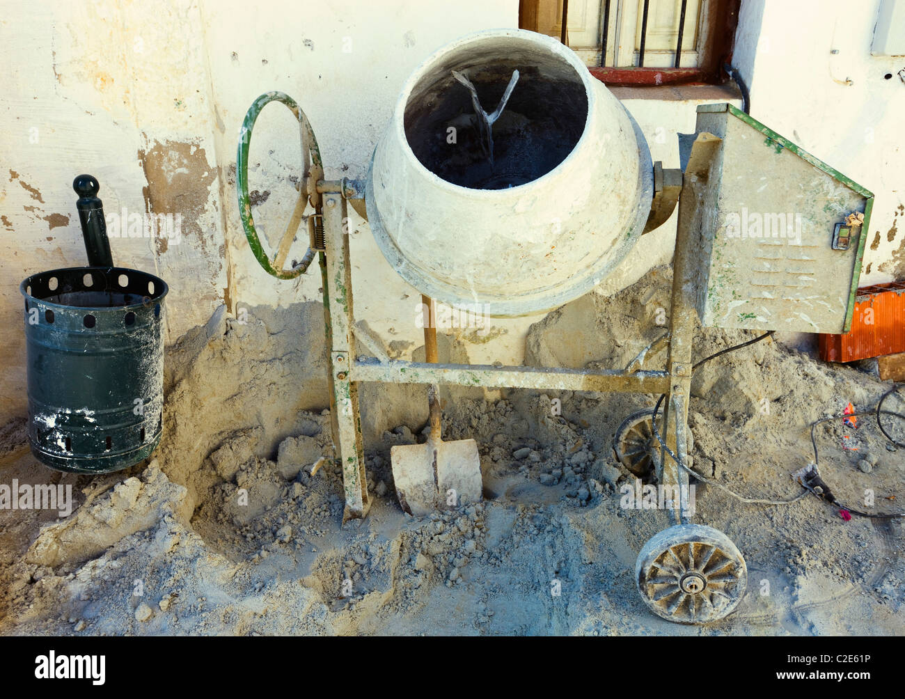 Cement Mixer And Tools To Mix Cement Stock Photo - Alamy